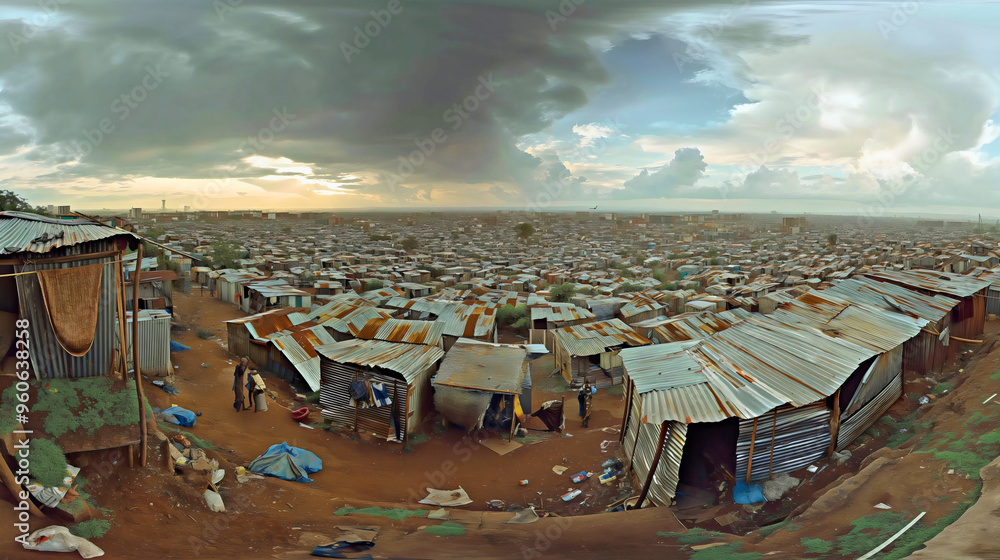 Poor African village or refugee camp or slum with scrap metal shacks ...