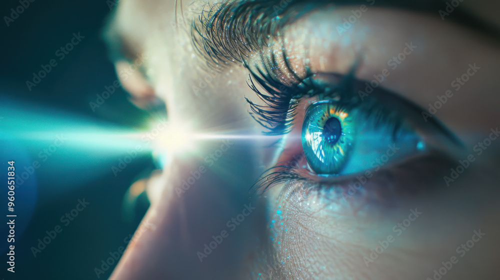 Of female eye with lens flare effect. Vision of young woman blue ...