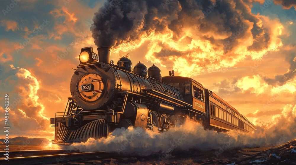 Illustrate a classic steam locomotive puffing out clouds of steam and ...