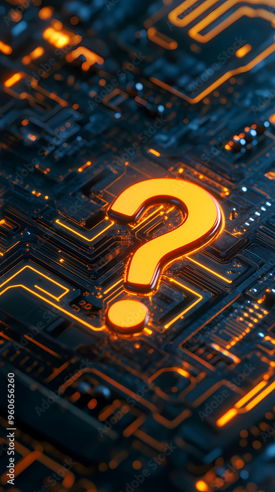Glowing question mark on a circuit board showing tech innovation Stock ...