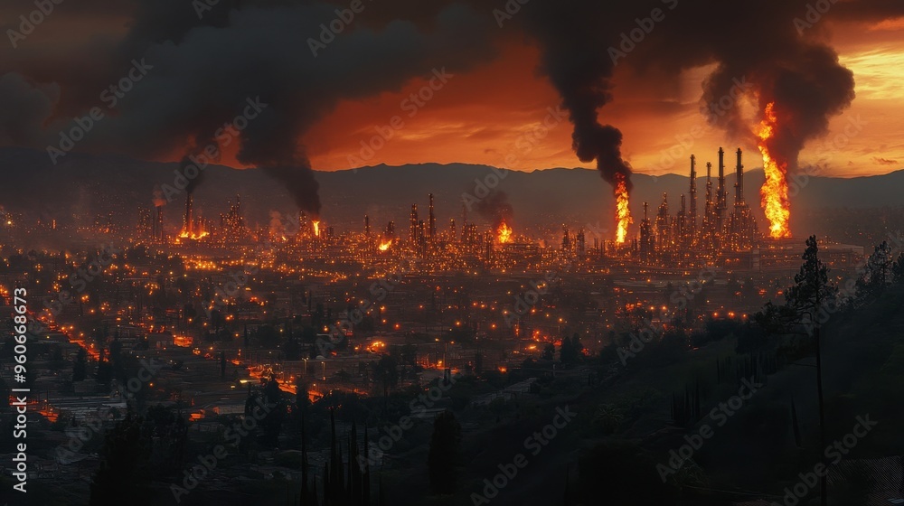 Flames of fire and black smoke, explosion in an oil refinery building ...