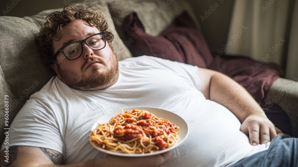 The man is a fat, overweight guy sitting comfortably on a couch or ...