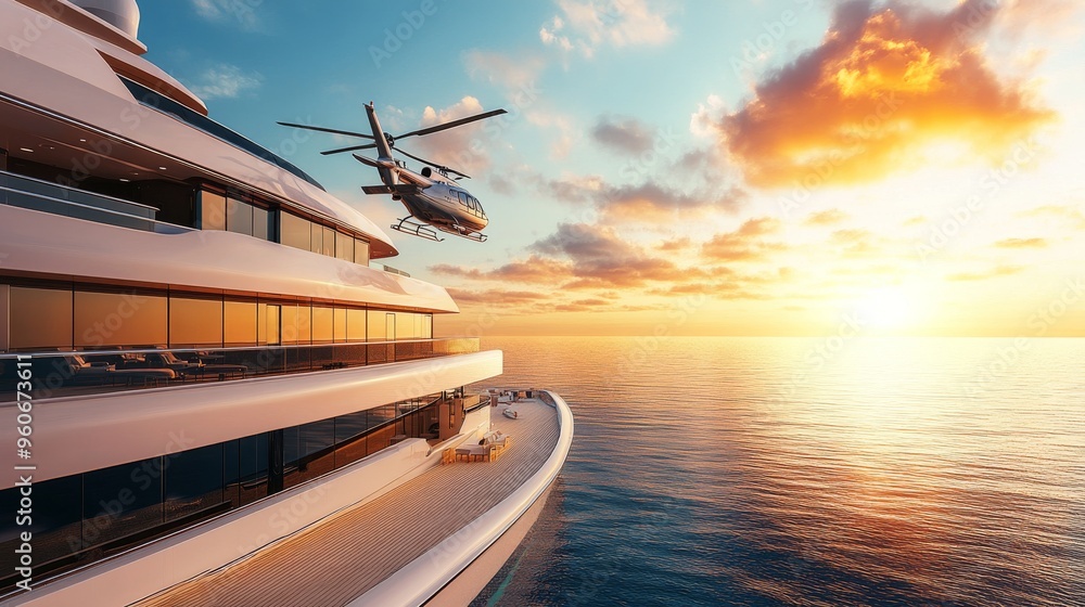 Private chopper flying near luxury yacht cruiser boat. Millionaire and ...