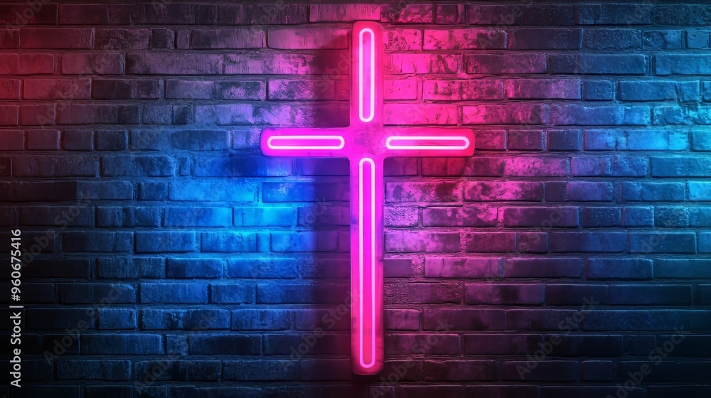 The Christian cross symbol is in pink purple neon on a brick wall ...