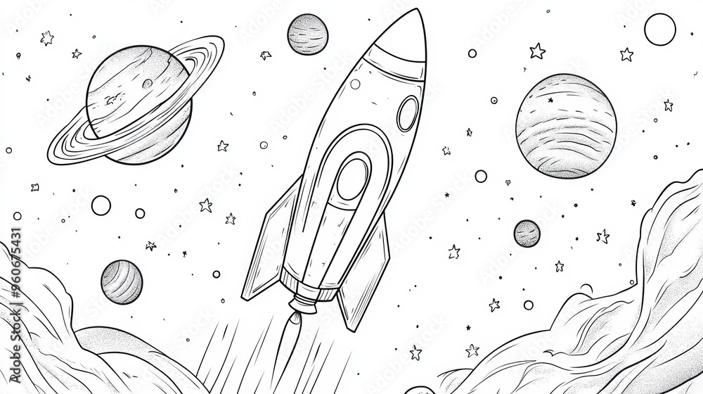 Children kids cosmic doodle art illustration outline black monochrome ...