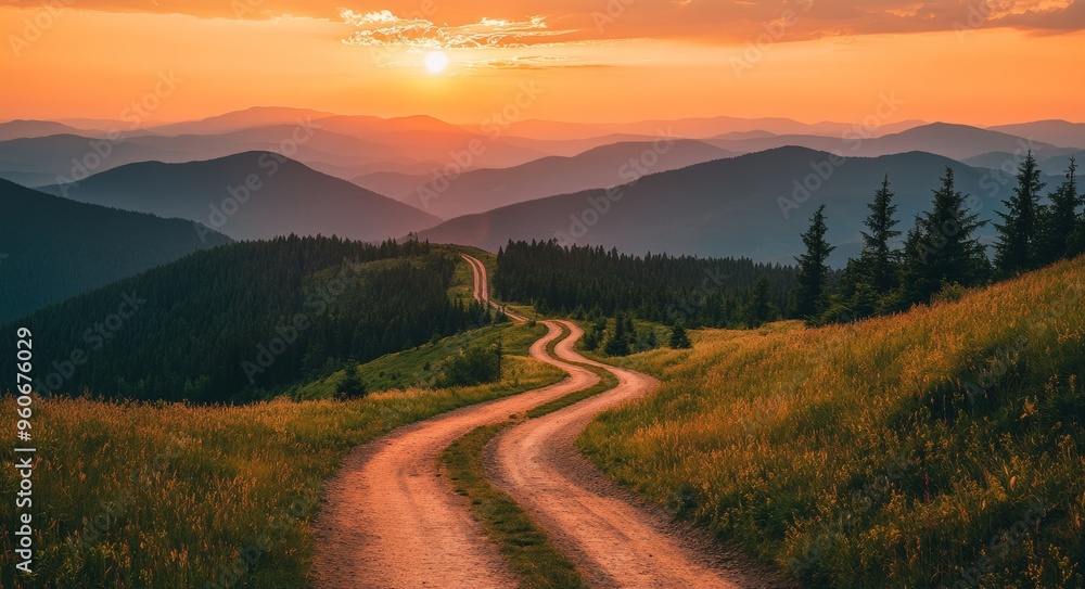 Green grass hills surround a path leading to far mountains and valleys ...