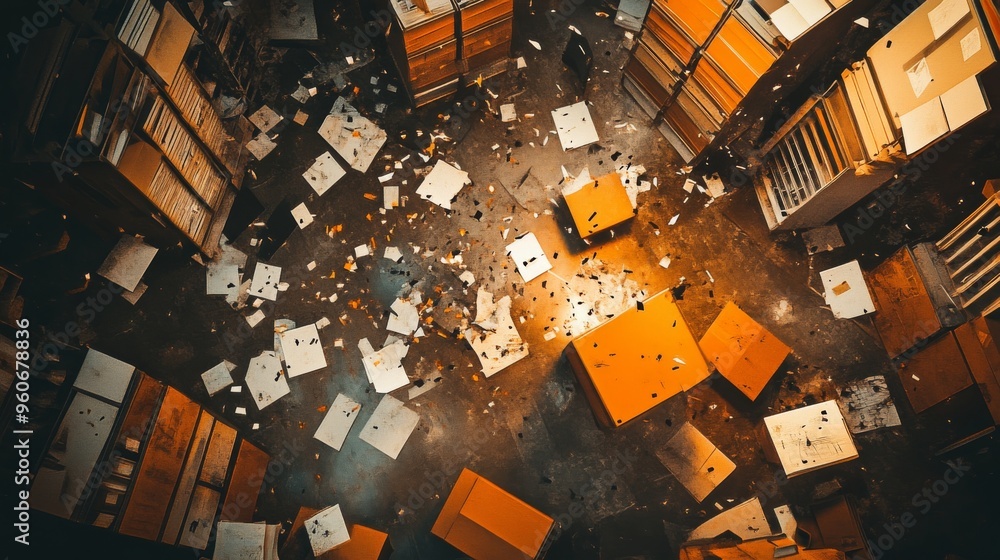 No one in an empty warehouse, boxes at the back of shelves, and ...