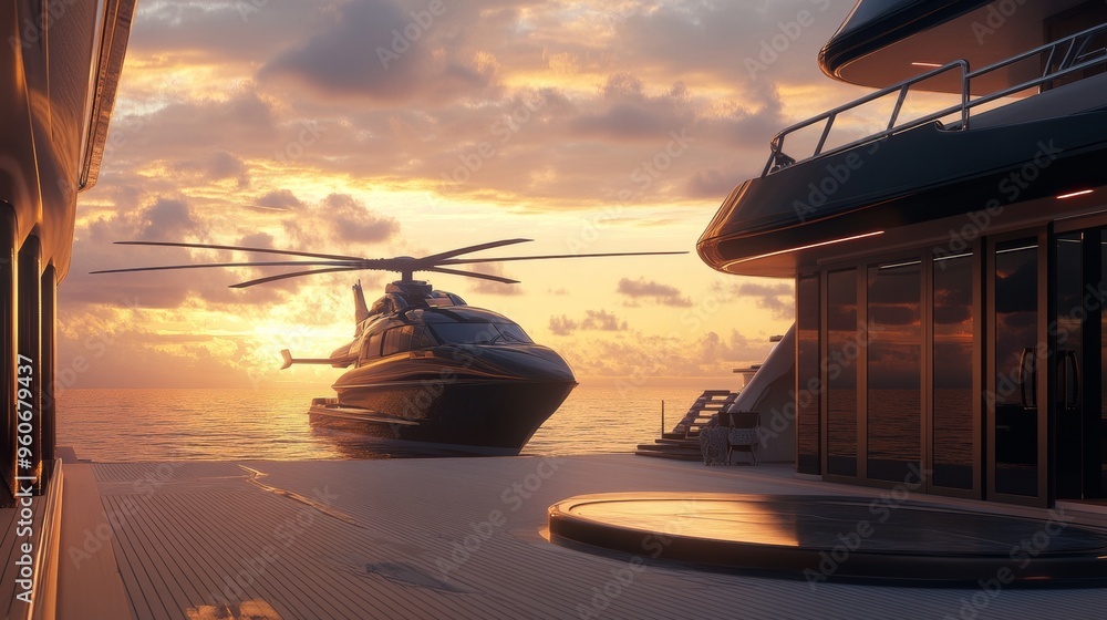 The helicopter is flying near a luxury yacht cruiser boat. Millionaire ...