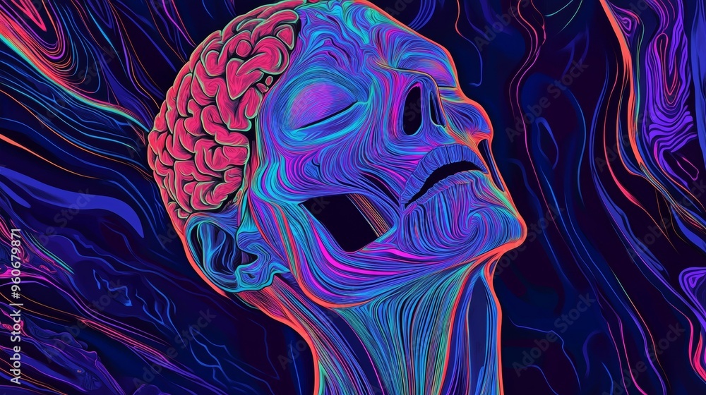 Drawing of a human skeleton face anatomy with brain, teeth, jaw and ...