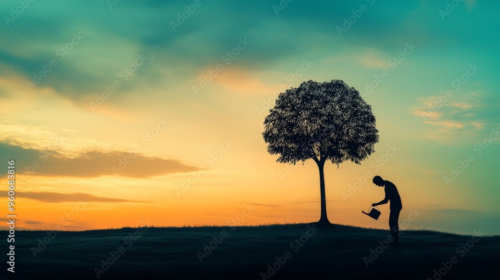 Animated silhouette of a man watering a tree that resembles a human ...