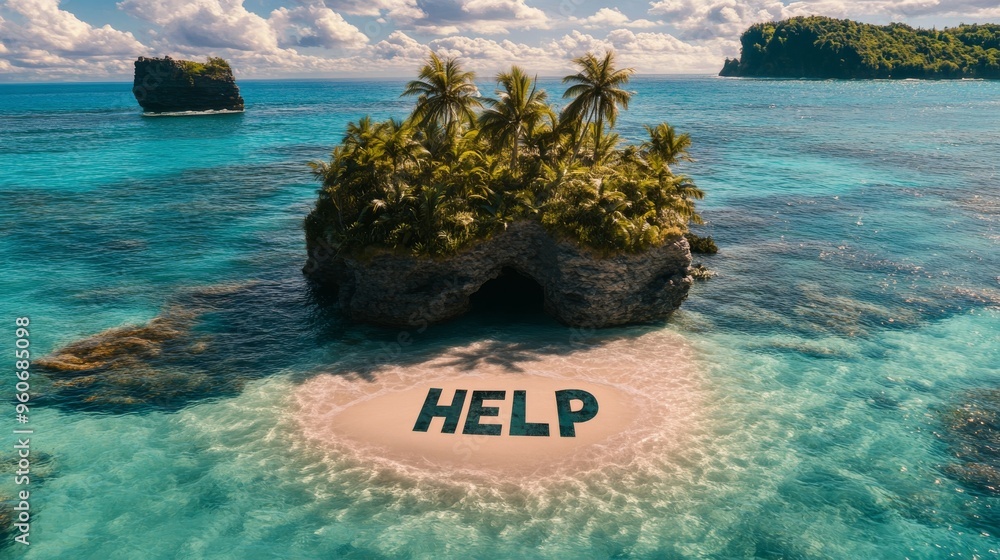 SOS rescue message written on stranded castaway island surrounded by ...