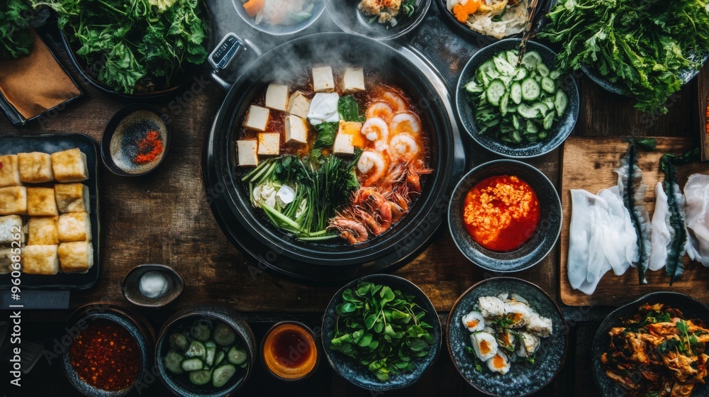 An inviting shabu-shabu spread featuring a variety of ingredients like tofu, seafood, and ...