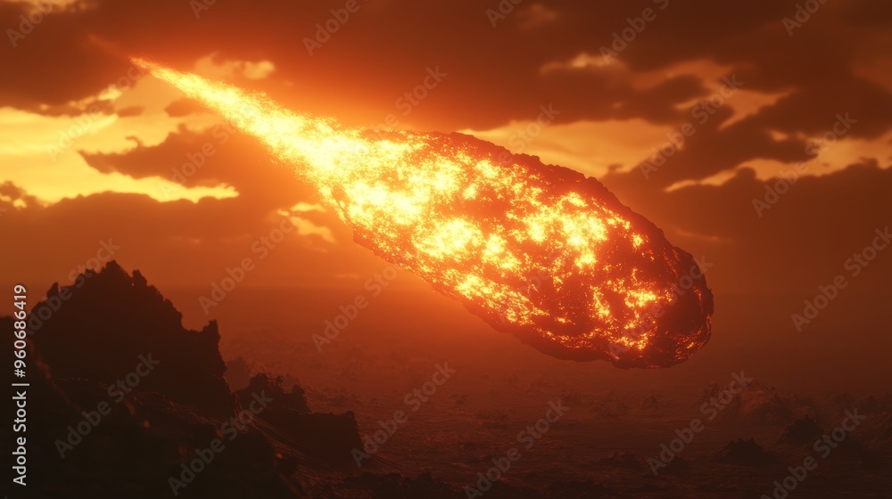 On fire meteor stone rock hitting earth. Asteroids meteorites comets ...