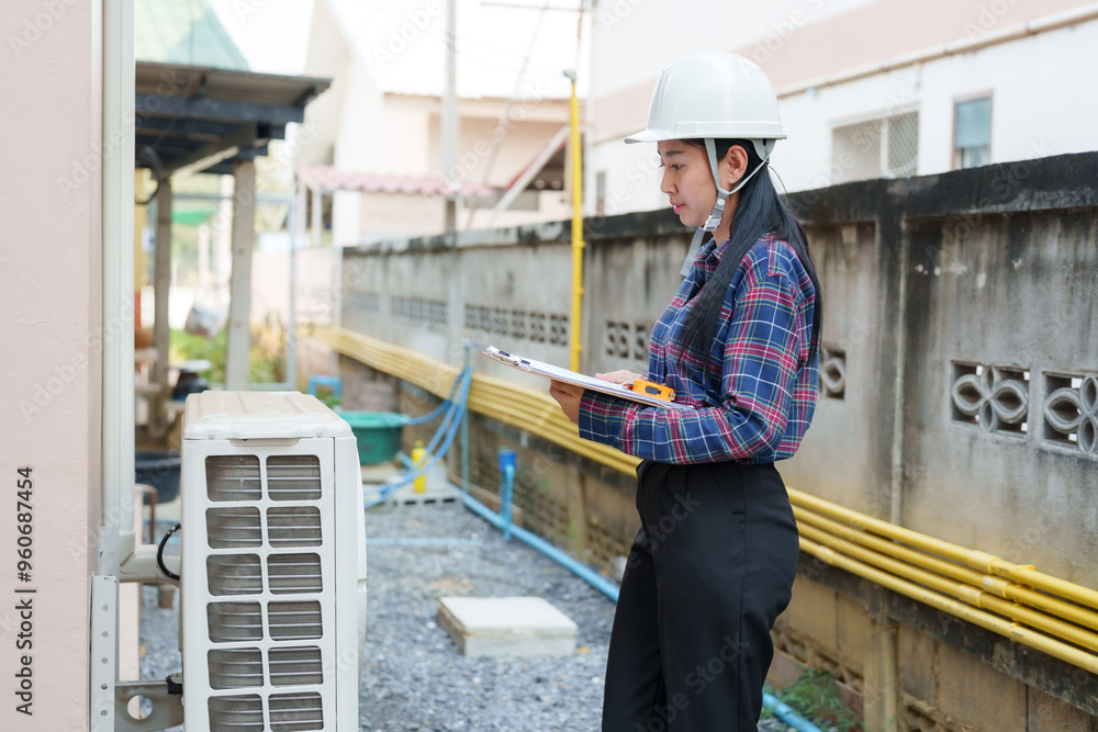 Asian female building inspector examining an outdoor air conditioning ...