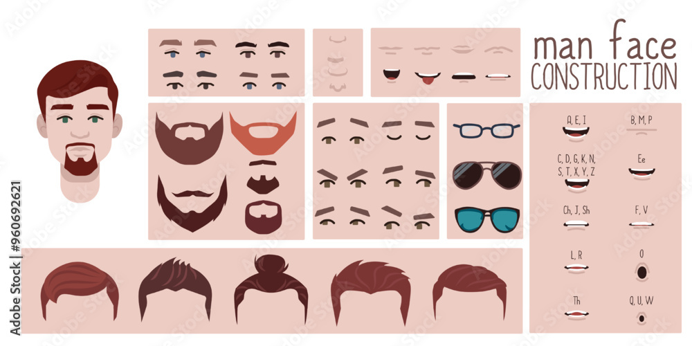 Man face constructor, avatar of male character creation hairstyle, nose ...