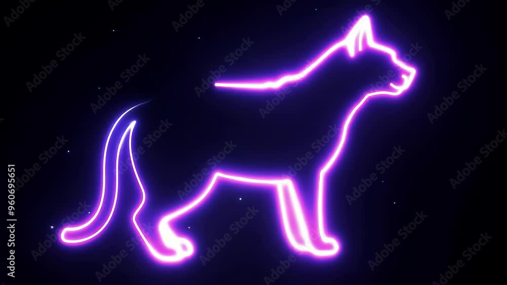 Neon outline of a dog glowing in pink, purple and blue against a dark ...