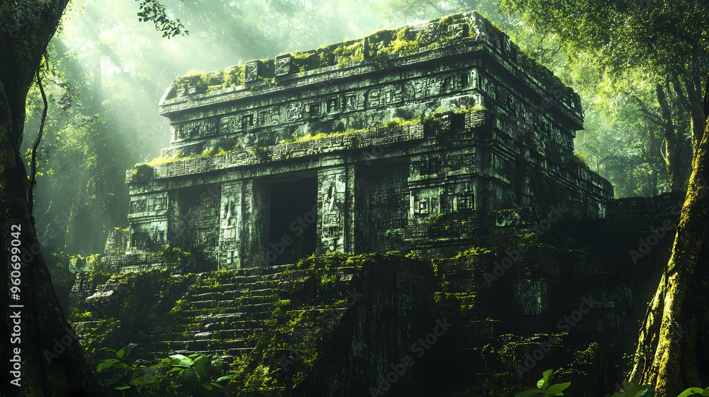 Photo Ancient and overgrown mayan temple ruins in the jungle, lost ...