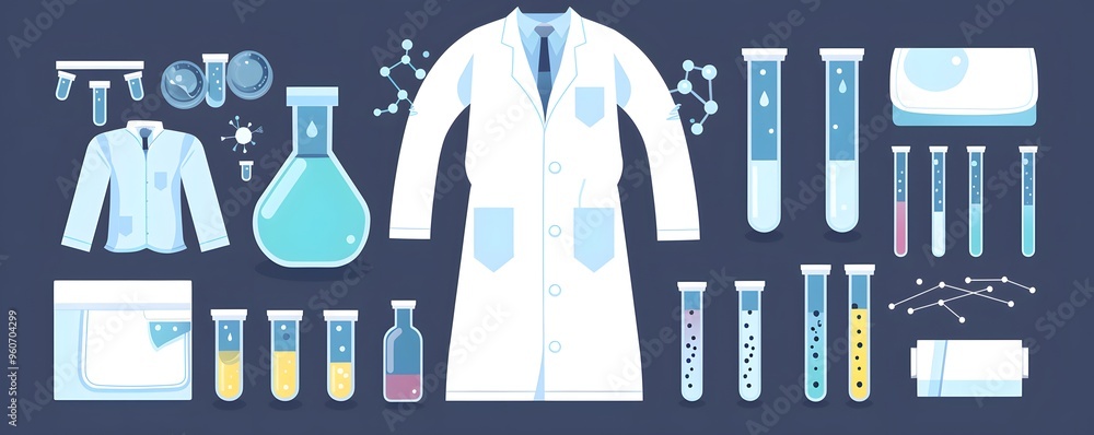 A collection of laboratory equipment including beakers, flasks, test ...