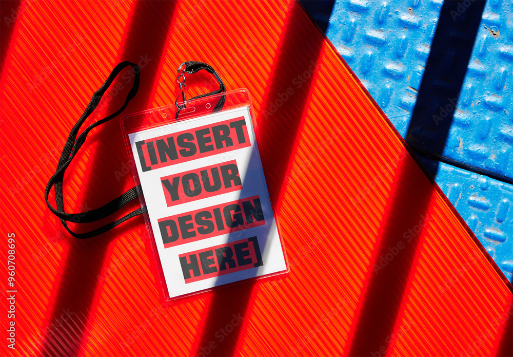 Mockup Of Access Pass With Plastic Sleeve And Ribbon On Red And Blue ...