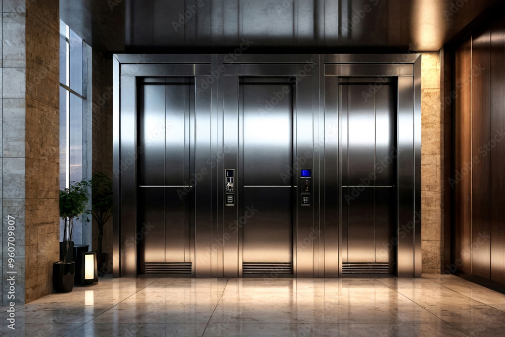 Modern steel elevator cabin in house or multi-apartment skyscraper. Background of interior floor ...