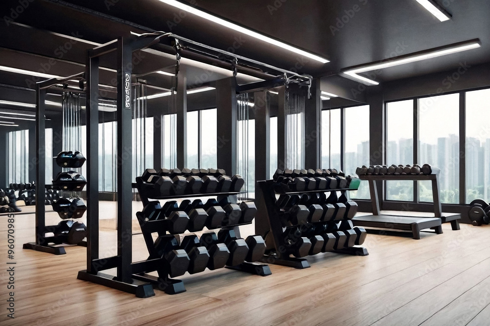 Modern gym interior with sports equipment - sport dumbbells on rack ...