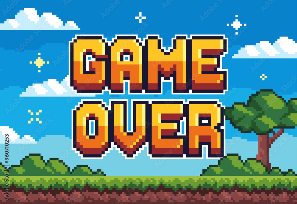 Game over background. Pixel 8 bit banner for retro video game screen ...