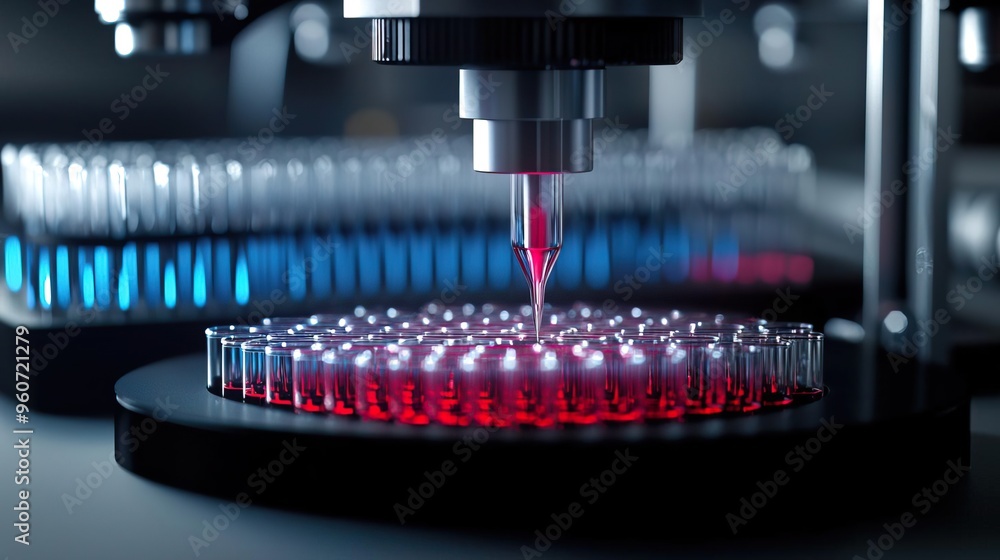 Close-up of a laboratory pipette dispensing liquid into microtiter ...