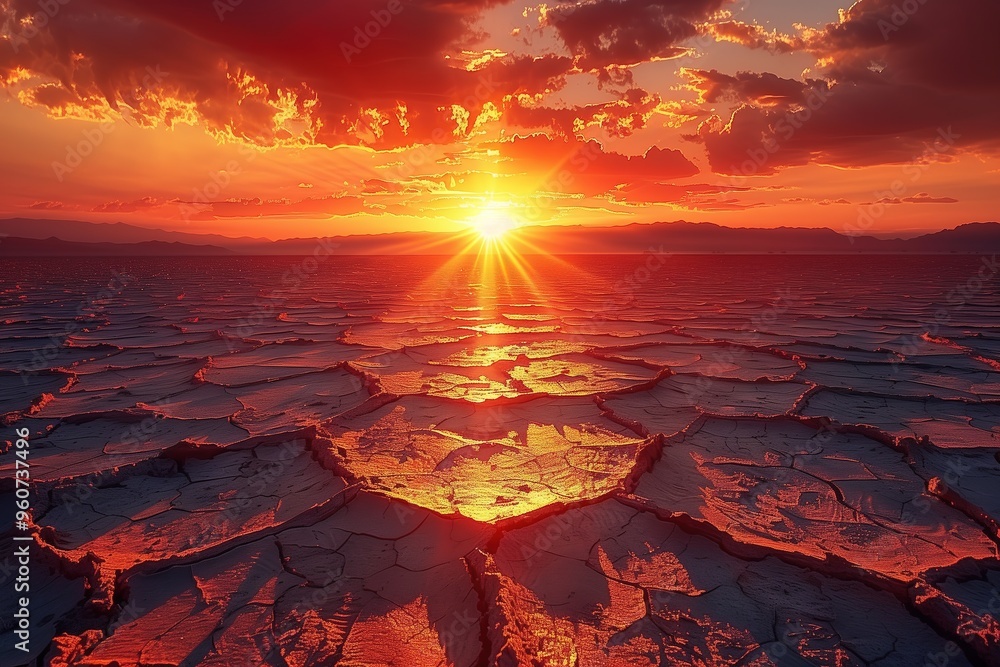 Sunset over cracked, scorched desert landscape. Dry ground contrasts ...