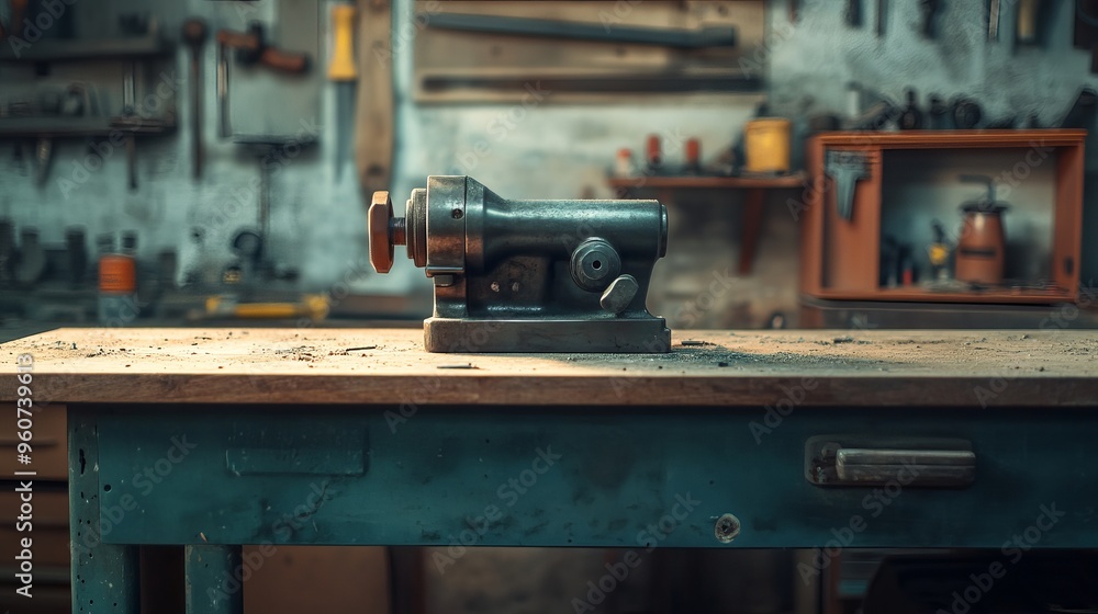 In a craftsman's workshop, a mechanic bench vice rests on a wooden ...