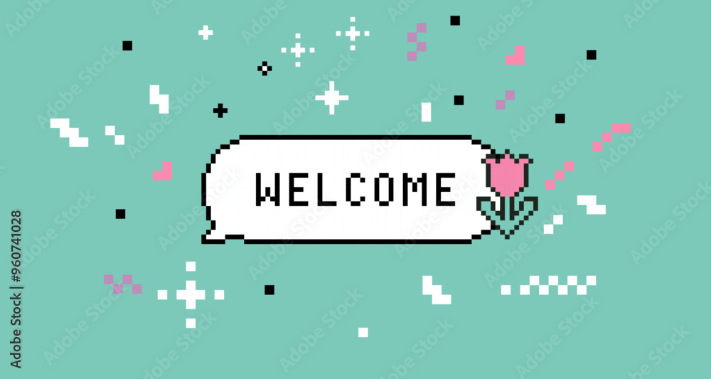 Pixel speech bubble text saying Welcome with flower and sparkles. Y2k ...