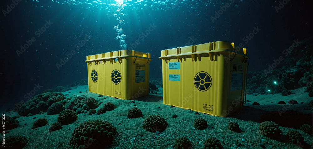 Illustrative depiction of toxic radioactive waste dumped on the seabed ...