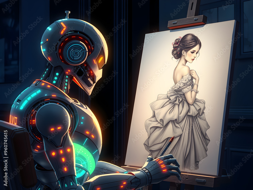 Anime-style illustration of artificial intelligence creating a portrait ...