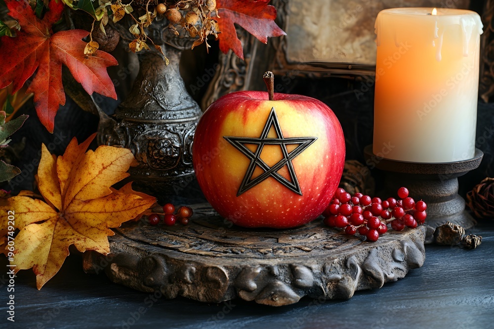 Pagan star shaped symbol on red apple on dark background with berries ...