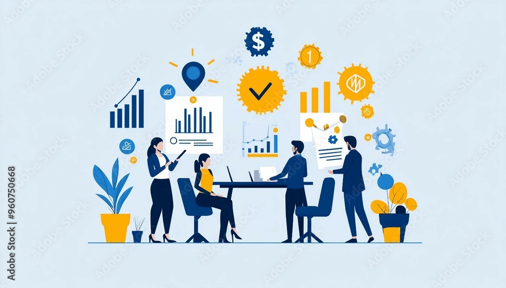 a diverse team collaborating on task management, with sticky notes ...