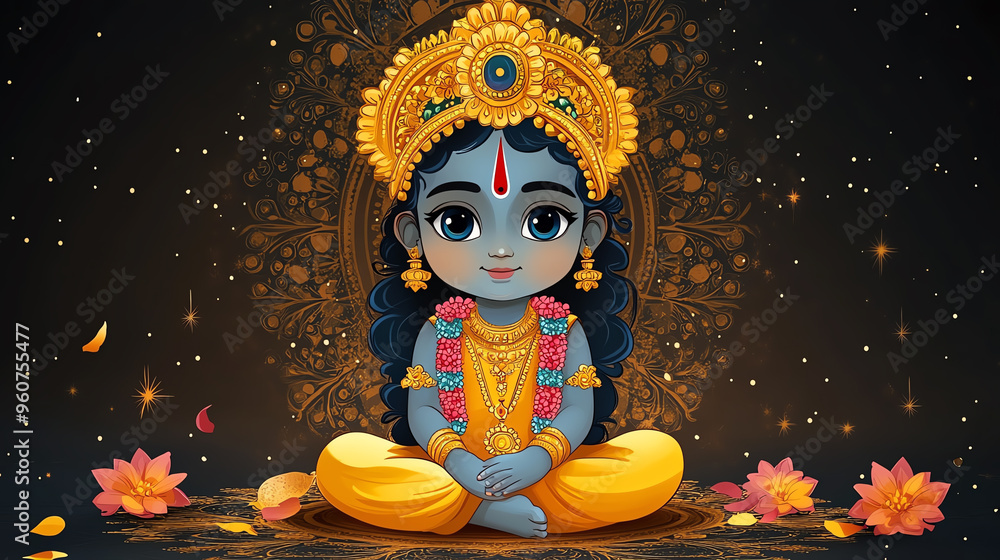 Cute little baby Krishna with Dahi Handi. Cartoon character Hindu god ...
