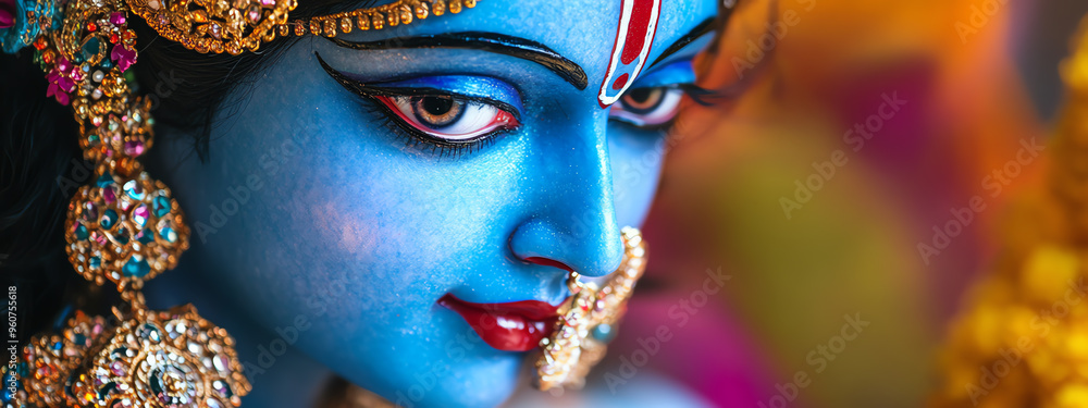 Cute little baby Krishna with blue skin on light background. Birthday ...