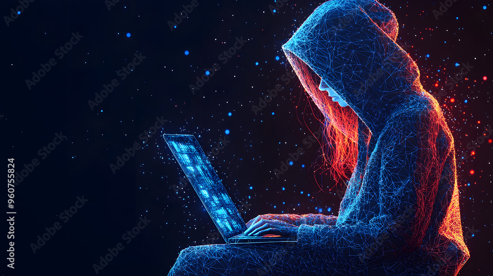 Girl hacker in a hoodie using a laptop. Abstract digital polygonal hack ...