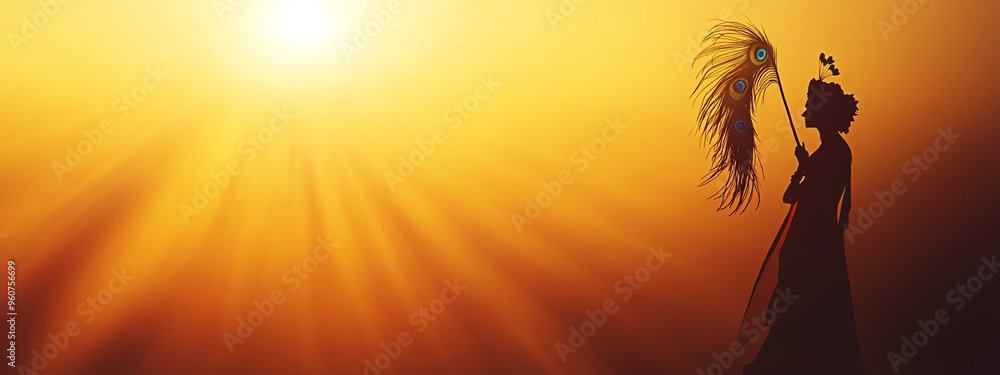 Silhouette of Hindu god Lord Krishna playing flute on sunset. Krishna ...