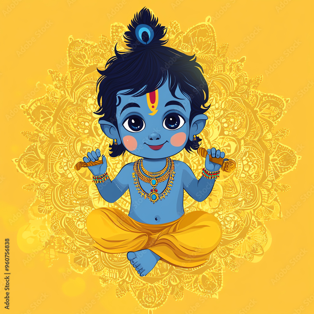 Cute little baby Krishna with Dahi Handi. Cartoon character Hindu god ...