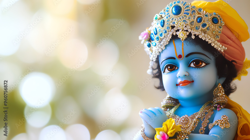 Cute little baby Krishna with blue skin on light background. Birthday ...