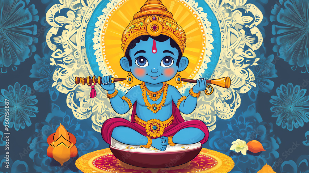 Cute little baby Krishna with Dahi Handi. Cartoon character Hindu god ...