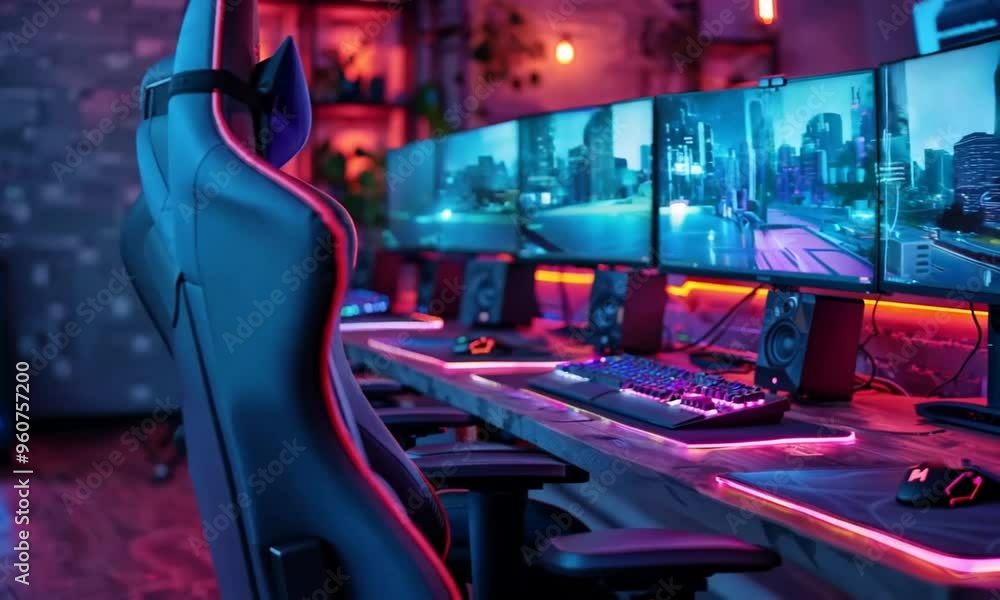 Modern gaming setup with multiple monitors, a comfortable chair, and a ...