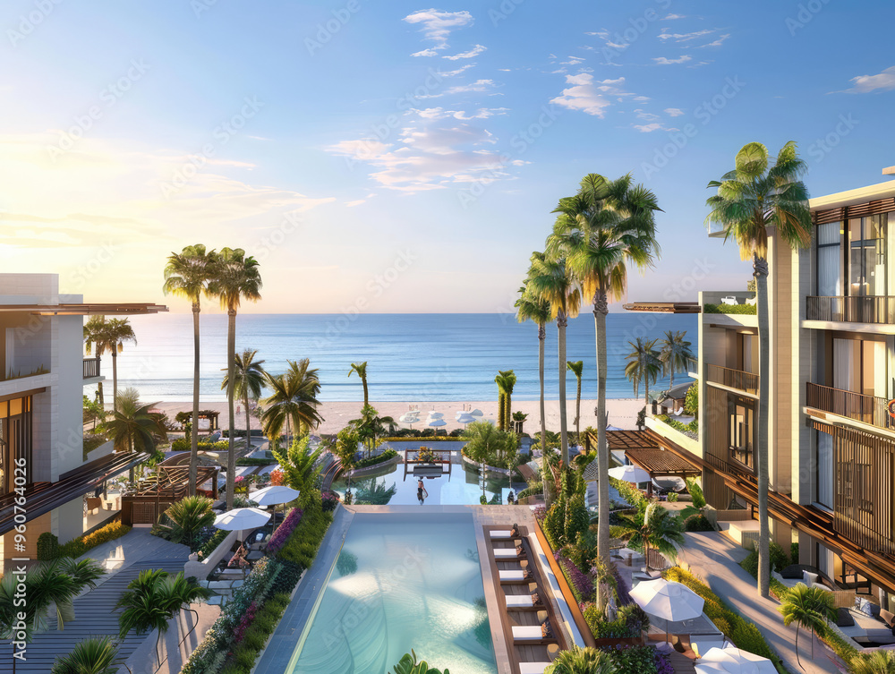 the landscape design of the pool area of the resort by the ocean with ...