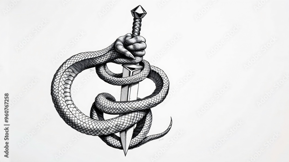 A detailed illustration of a serpent entwined around a sword held ...
