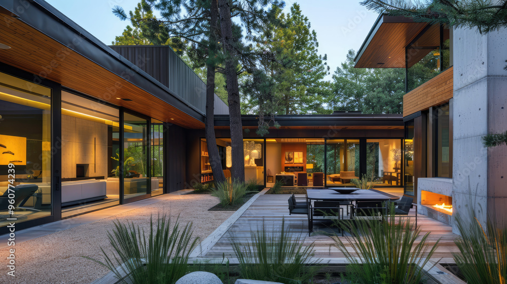 courtyard landscape design with seating outdoor area with big tree and ...