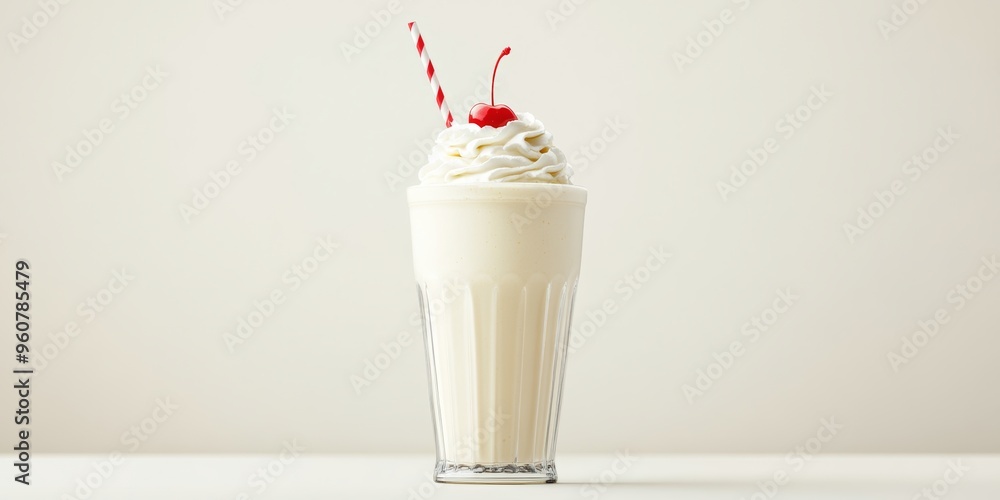 A 3D single icon of a classic vanilla milkshake with whipped cream and ...