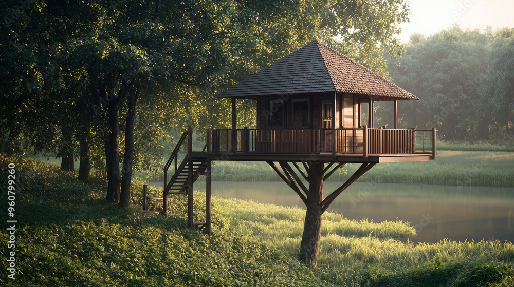 charming depiction of a wooden tree house with a traditional hut-like ...