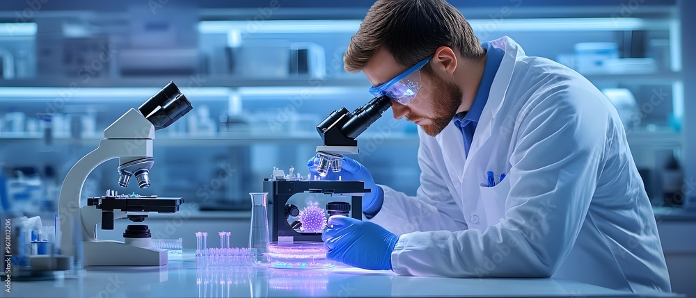 Researcher in a sterile lab coat studying microorganisms in petri ...
