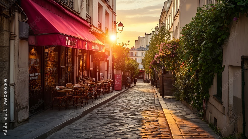 A charming street in the Montmartre neighborhood of Paris, France. It ...