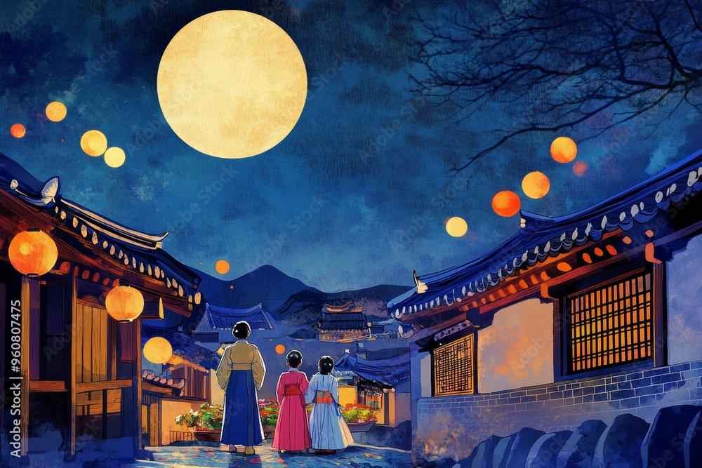 Digital illustration of family in traditional Hanbok attire celebrating ...